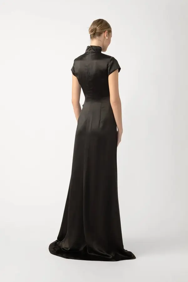 SAU LEE Pia Satin Gown With Mandarin Collar And Slit