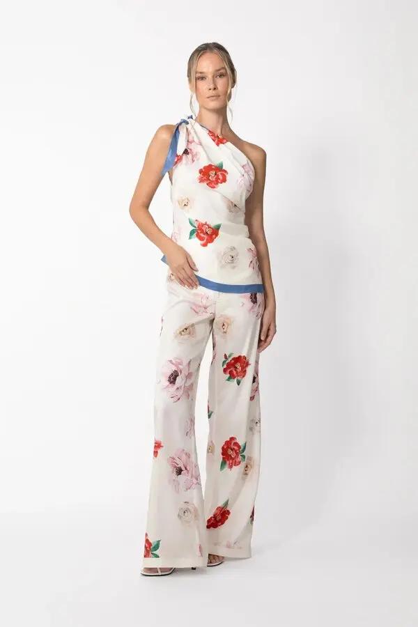 SAU LEE Elba Wide Leg Printed Satin Pants