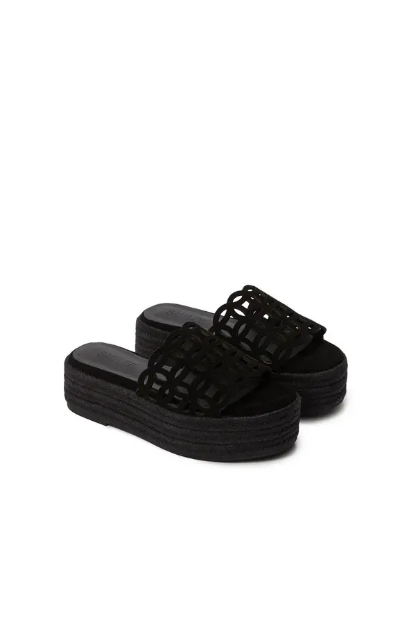 SAU LEE SHOES Ming Suede Platform Sandals With Laser-cut Monogram