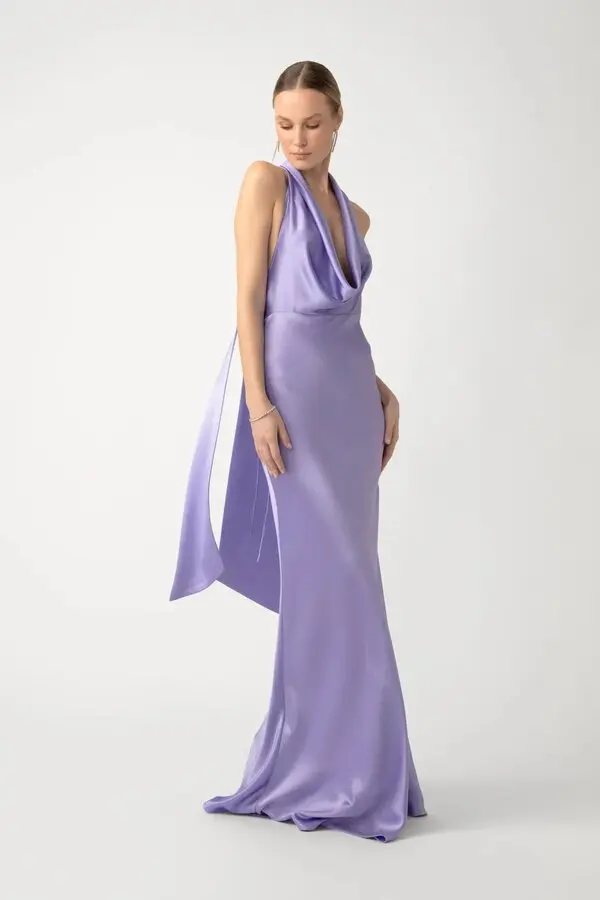 SAU LEE Halter Satin Gown With Statement Wings - Periwinkle