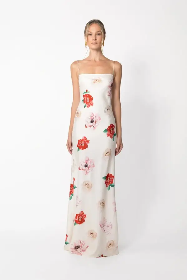 SAU LEE Elba Dress Floral Print Satin Slip Gown