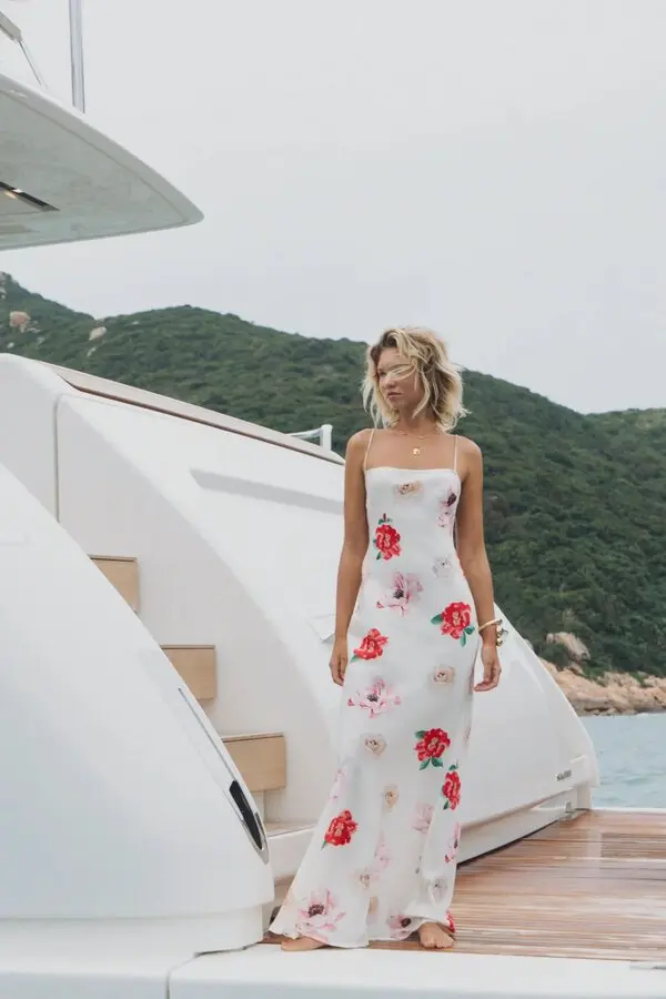 SAU LEE Elba Dress Floral Print Satin Slip Gown