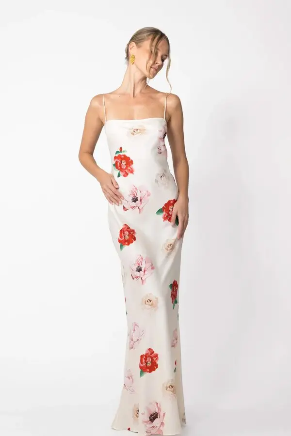 SAU LEE Elba Dress Floral Print Satin Slip Gown