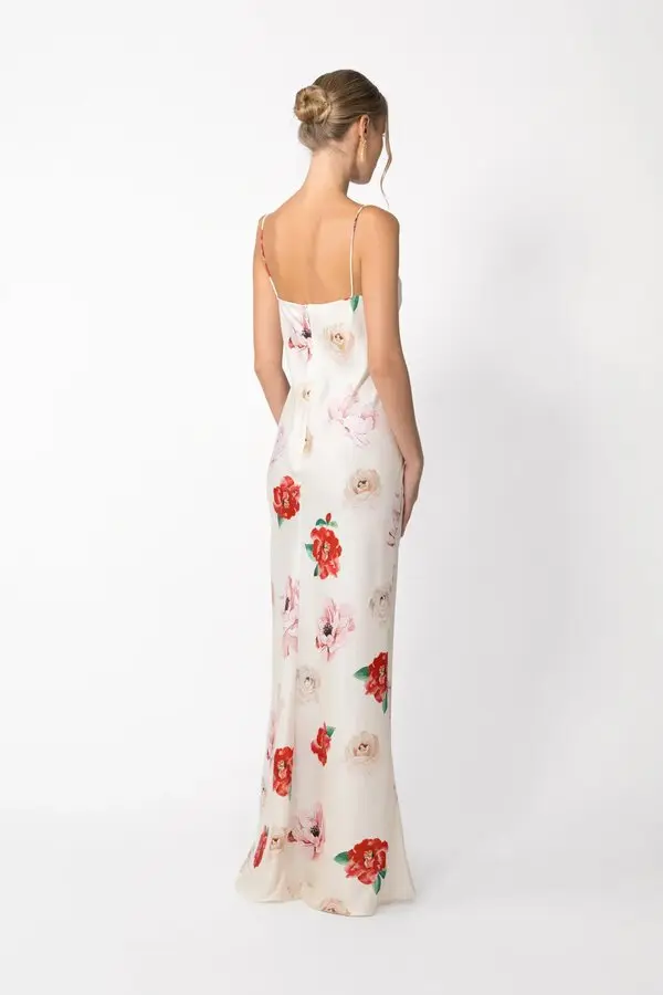 SAU LEE Elba Dress Floral Print Satin Slip Gown