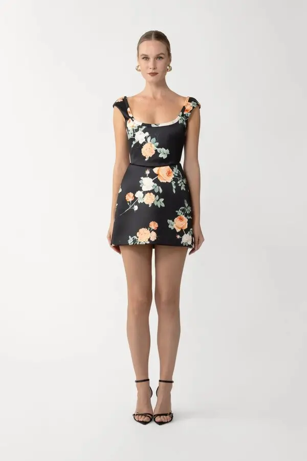 SAU LEE Bryn Mini Dress With Rose Motif - Black Multi
