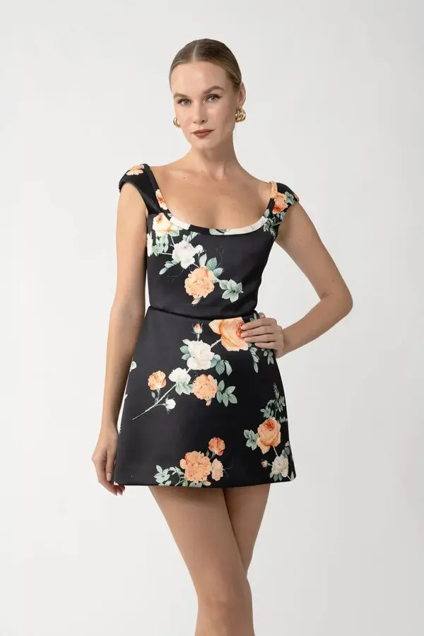 SAU LEE Bryn Mini Dress With Rose Motif - Black Multi