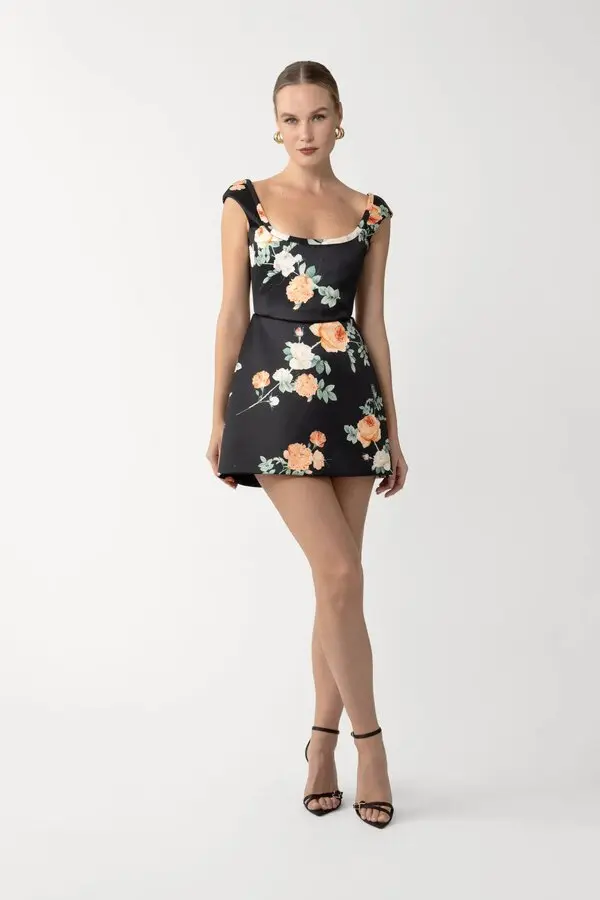 SAU LEE Bryn Mini Dress With Rose Motif - Black Multi