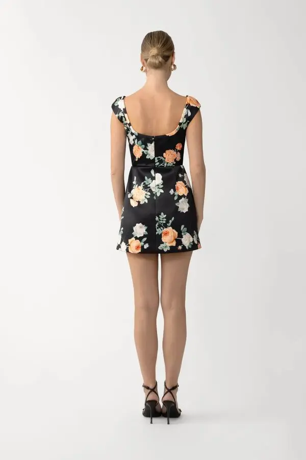 SAU LEE Bryn Mini Dress With Rose Motif - Black Multi