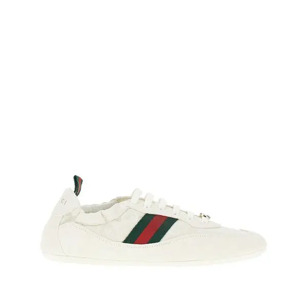 Gucci Jacquard Gg Canvas And Suede Sneakers With Web Ribbon - White