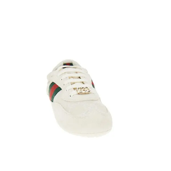 Gucci Jacquard Gg Canvas And Suede Sneakers With Web Ribbon - White