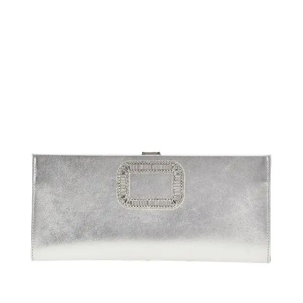 ROGER VIVIER Metallic Leather Pouch With Crystal Pilgrim Buckle - Silver