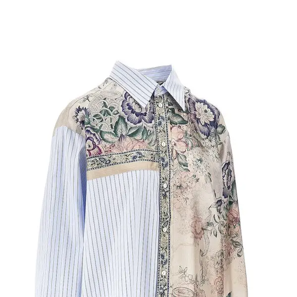 PIERRE-LOUIS MASCIA Striped Cotton Poplin And Silk Twill Floral Motif Patchwork Shirt