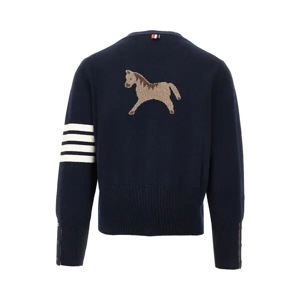Thom Browne Wool Cardigan With Horse Inlay - Blue