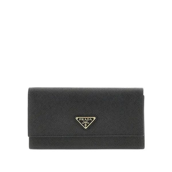 Prada Saffiano Leather Clutch With Enameled Triangle Logo - Black