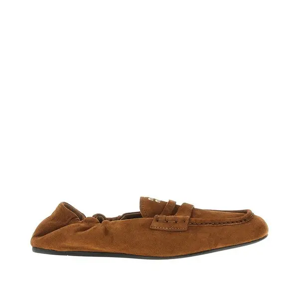 Miu Miu Suede Leather Loafers With Logo Detail - Brown