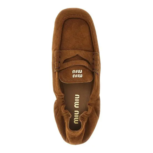 Miu Miu Suede Leather Loafers With Logo Detail - Brown