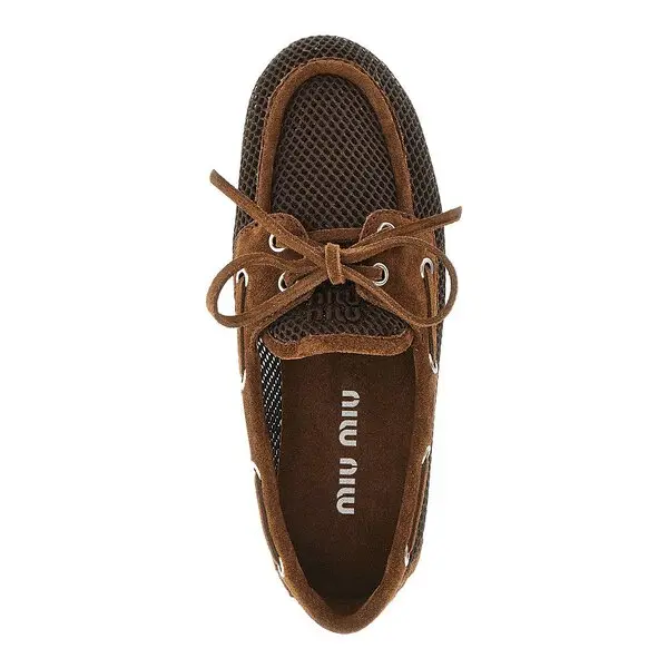 Miu Miu Suede Leather And Mesh Deck Shoes - Brown