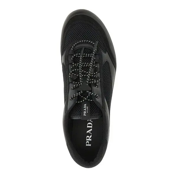 Prada Mesh And Leather Sneakers With Drawstring Closure - Black