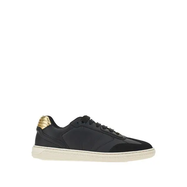 Versace Greca Court Faux Leather And Suede Sneakers With Gold Tone Detailing - Black