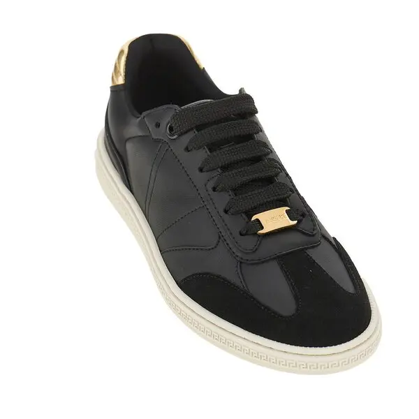Versace Greca Court Faux Leather And Suede Sneakers With Gold Tone Detailing - Black