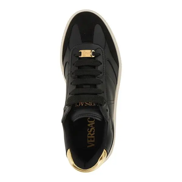 Versace Greca Court Faux Leather And Suede Sneakers With Gold Tone Detailing - Black