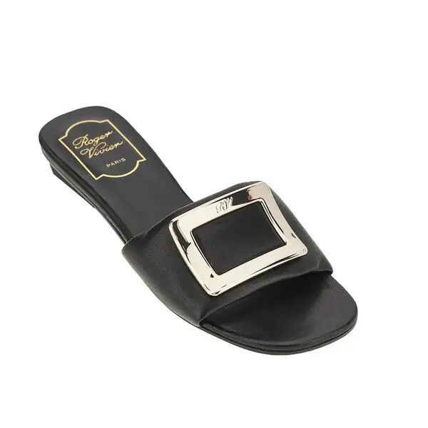 ROGER VIVIER Viv'choc Buckle Nappa Leather Slides - Black