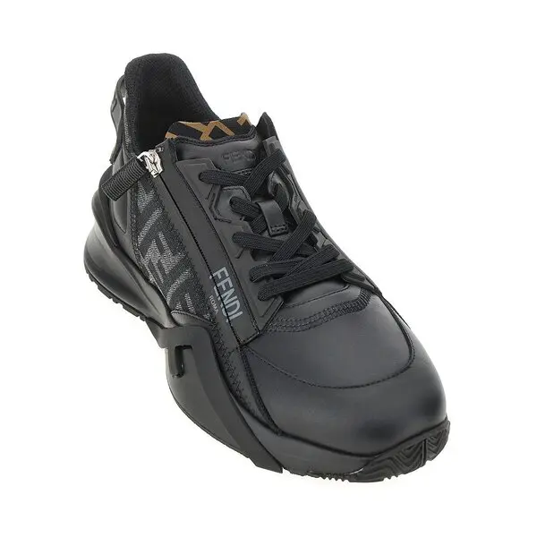 Fendi Flow Leather And Ff Jacquard Sneakers - Black