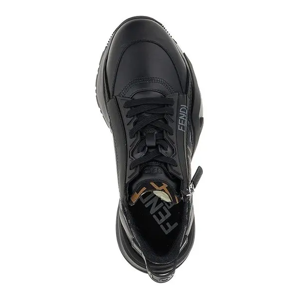 Fendi Flow Leather And Ff Jacquard Sneakers - Black