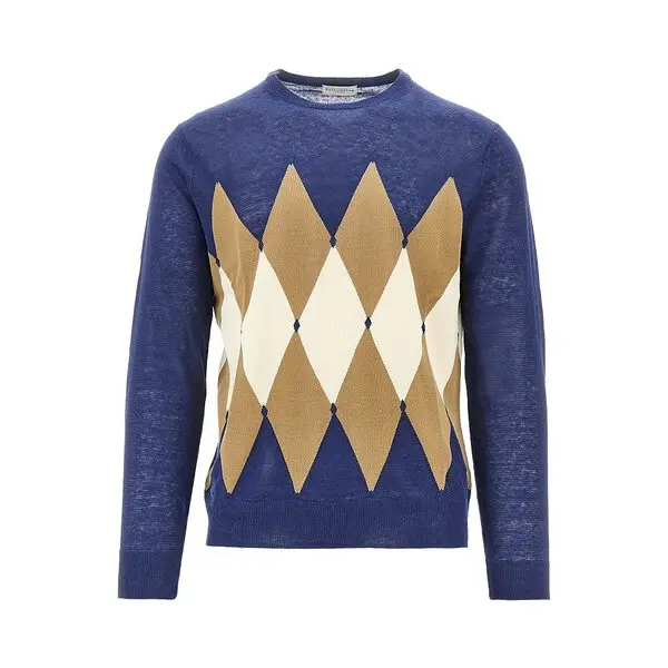 BALLANTYNE Linen And Cotton Jacquard Lozenge Crewneck Sweater - Blue