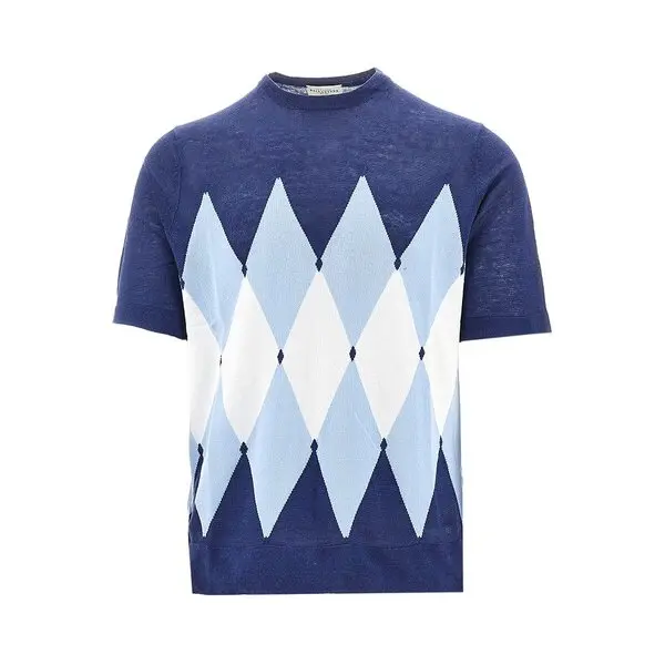 BALLANTYNE Short-sleeved Sweater With Jacquard Lozenge Motif - Blue