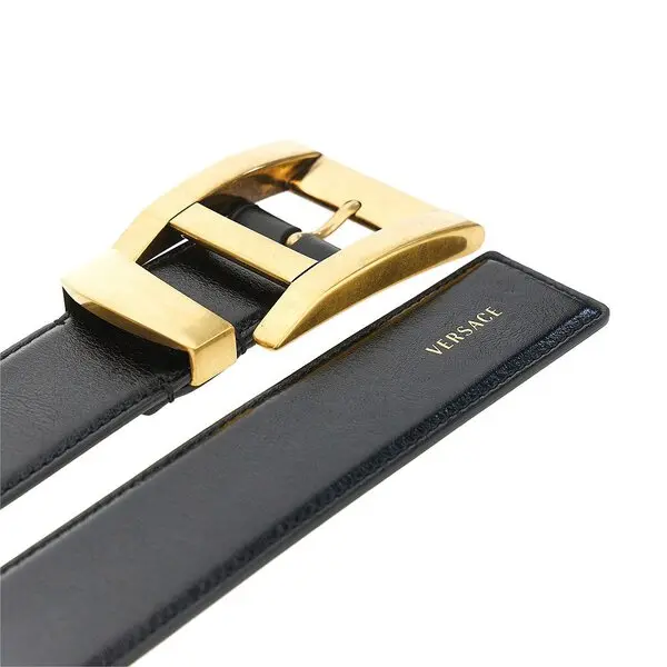 Versace Leather Belt With Gold Tone Logo Buckle