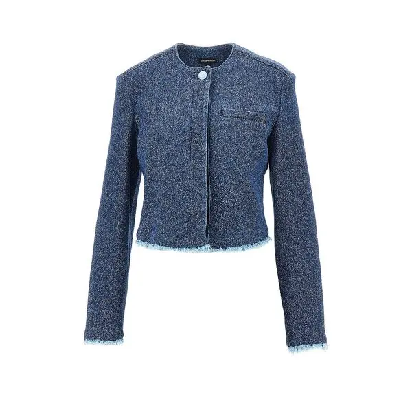 Emporio Armani Cropped Denim Jacket With Frayed Hem - Blue
