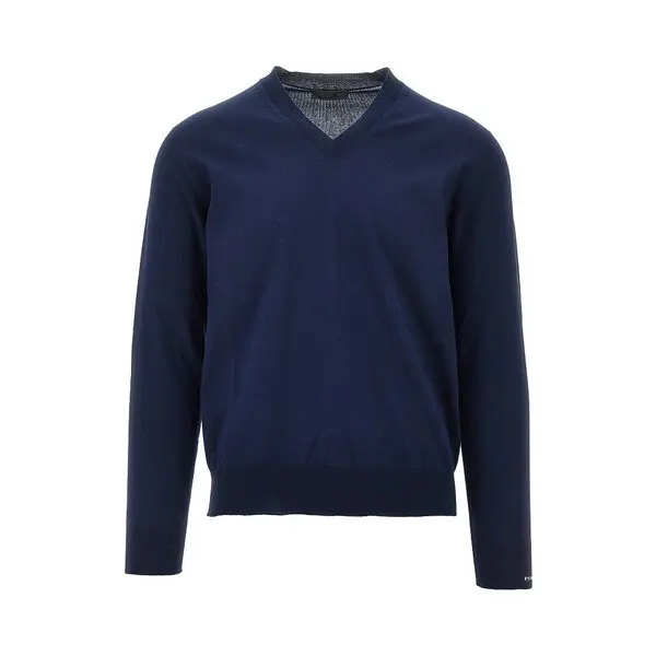 Prada V-neck Fine Cotton Sweater With Contrast Logo Intarsia