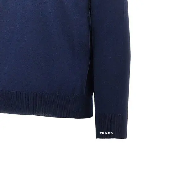 Prada V-neck Fine Cotton Sweater With Contrast Logo Intarsia