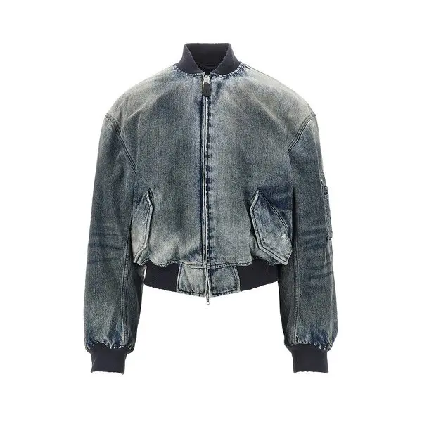 Balenciaga Used Effect" Denim Bomber Jacket - Blue