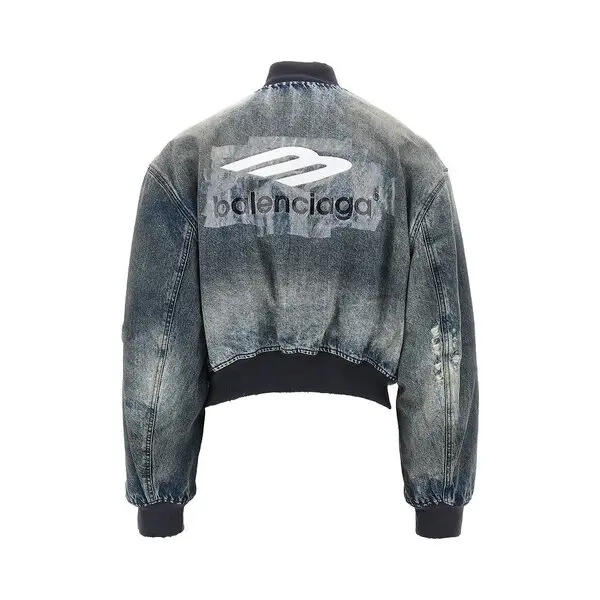 Balenciaga Used Effect" Denim Bomber Jacket - Blue