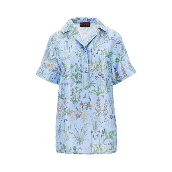 Gucci Floral Print Silk Twill Short Sleeve Shirt - Blue