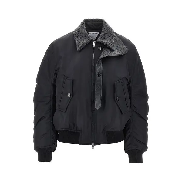 Bottega Veneta Padded Nylon Bomber Jacket With Intrecciato Leather Collar