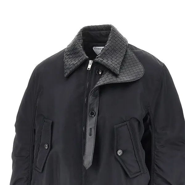 Bottega Veneta Padded Nylon Bomber Jacket With Intrecciato Leather Collar