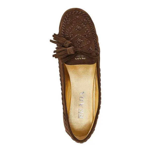 Prada Embroidered Suede Leather Loafers With Tassels - Brown
