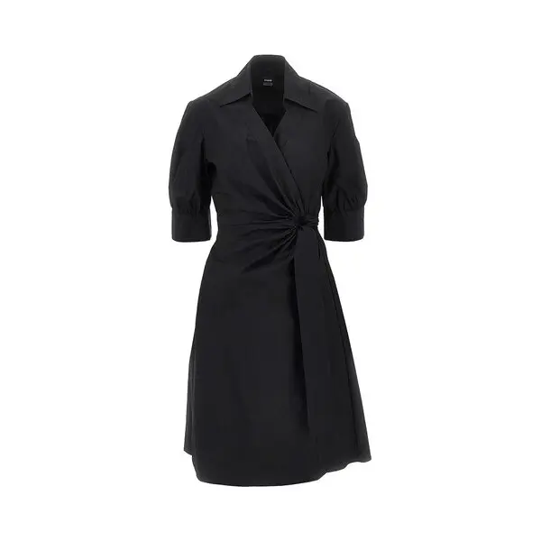 Pinko Stretch Cotton Wrap Midi Dress With Balloon Sleeves - Black