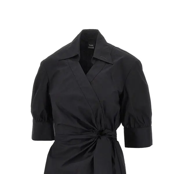 Pinko Stretch Cotton Wrap Midi Dress With Balloon Sleeves - Black