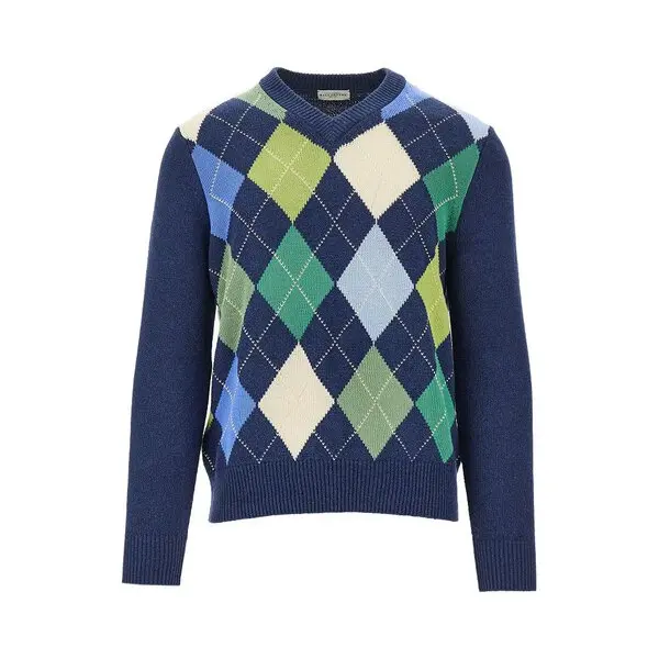 BALLANTYNE Diamond Motif Cotton V-neck Sweater - Blue