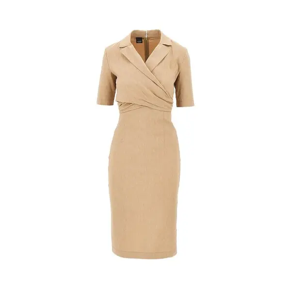 Pinko Wrapped Linen-blend Midi Dress With V-neck And Lapel Collar - Beige