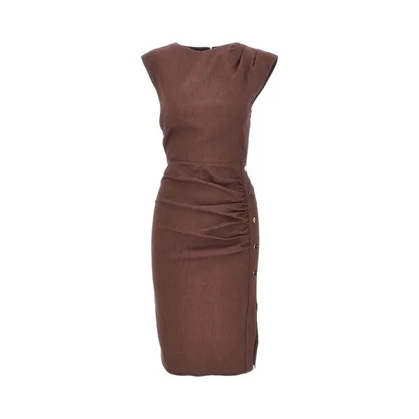 Pinko Stretch Linen-blend Knee-length Dress With Decorative Buttons