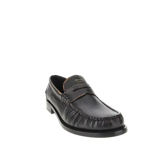 Prada Old-finished Leather Loafers - Brown