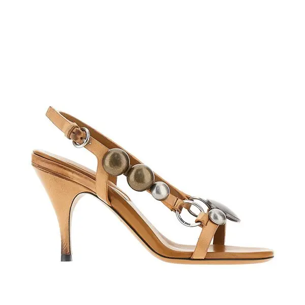 Miu Miu Studded Leather Heeled Sandals - Beige