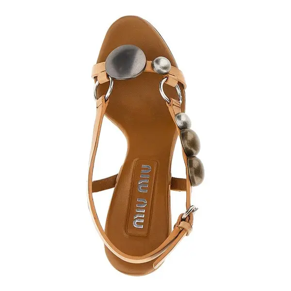 Miu Miu Studded Leather Heeled Sandals - Beige