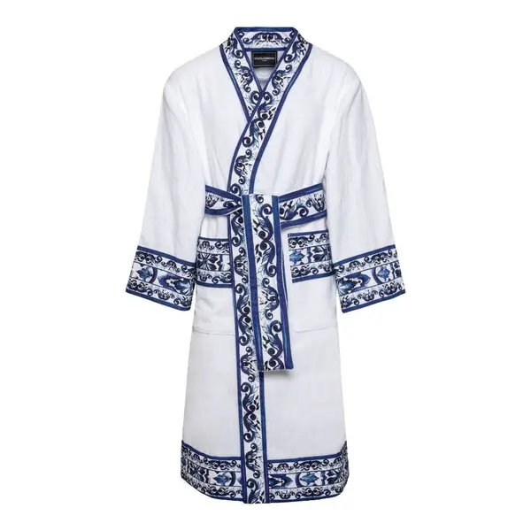 Dolce & Gabbana Cotton Terry Bathrobe With Blue Painted Effect Edging