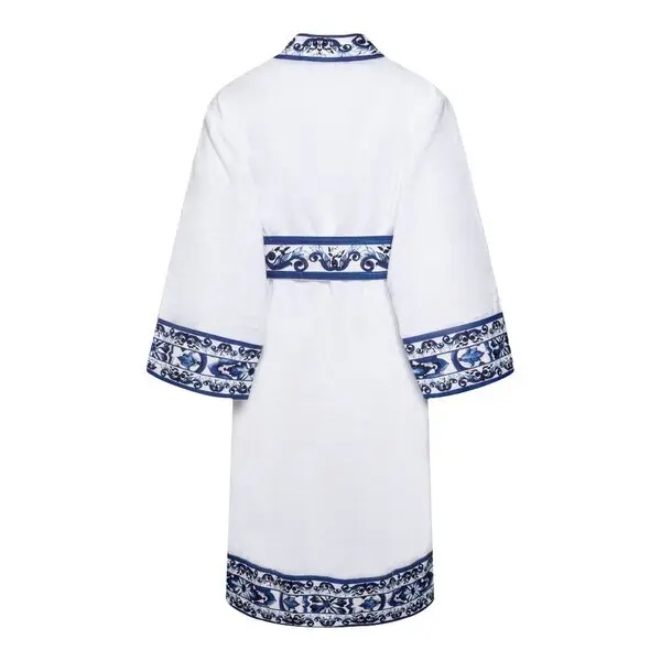 Dolce & Gabbana Cotton Terry Bathrobe With Blue Painted Effect Edging
